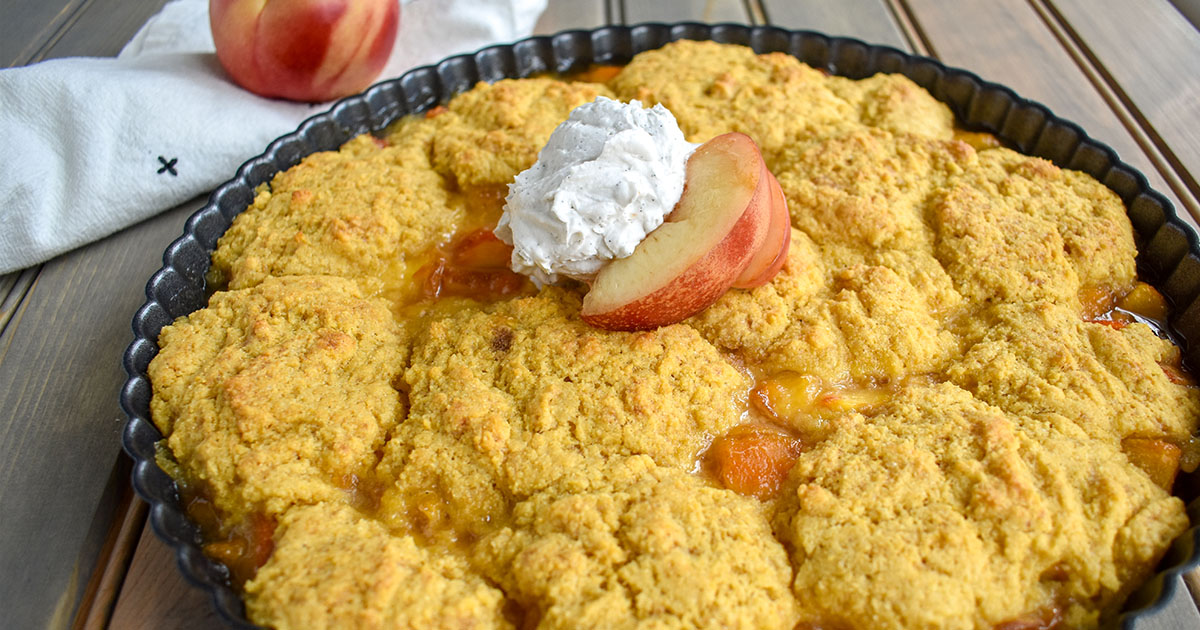 Cornbread Peach Cobbler with Coconut Whipped Cream - I Brought Bread