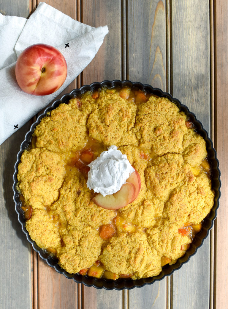 Cornbread Peach Cobbler with Coconut Whipped Cream - I Brought Bread